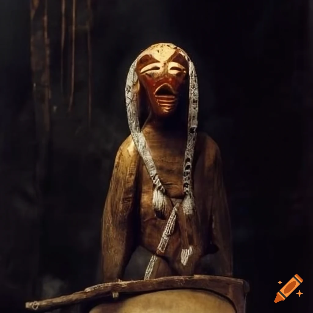 Onibaba wearing a wooden mask playing a biwa instrument with kanji ...