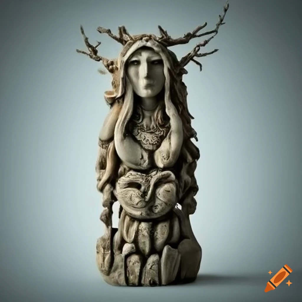 Sculpture of a stone druid goddess on Craiyon