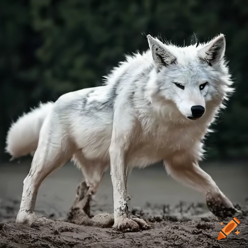 Photo of a realistic mud sculpture of a white wolf on Craiyon