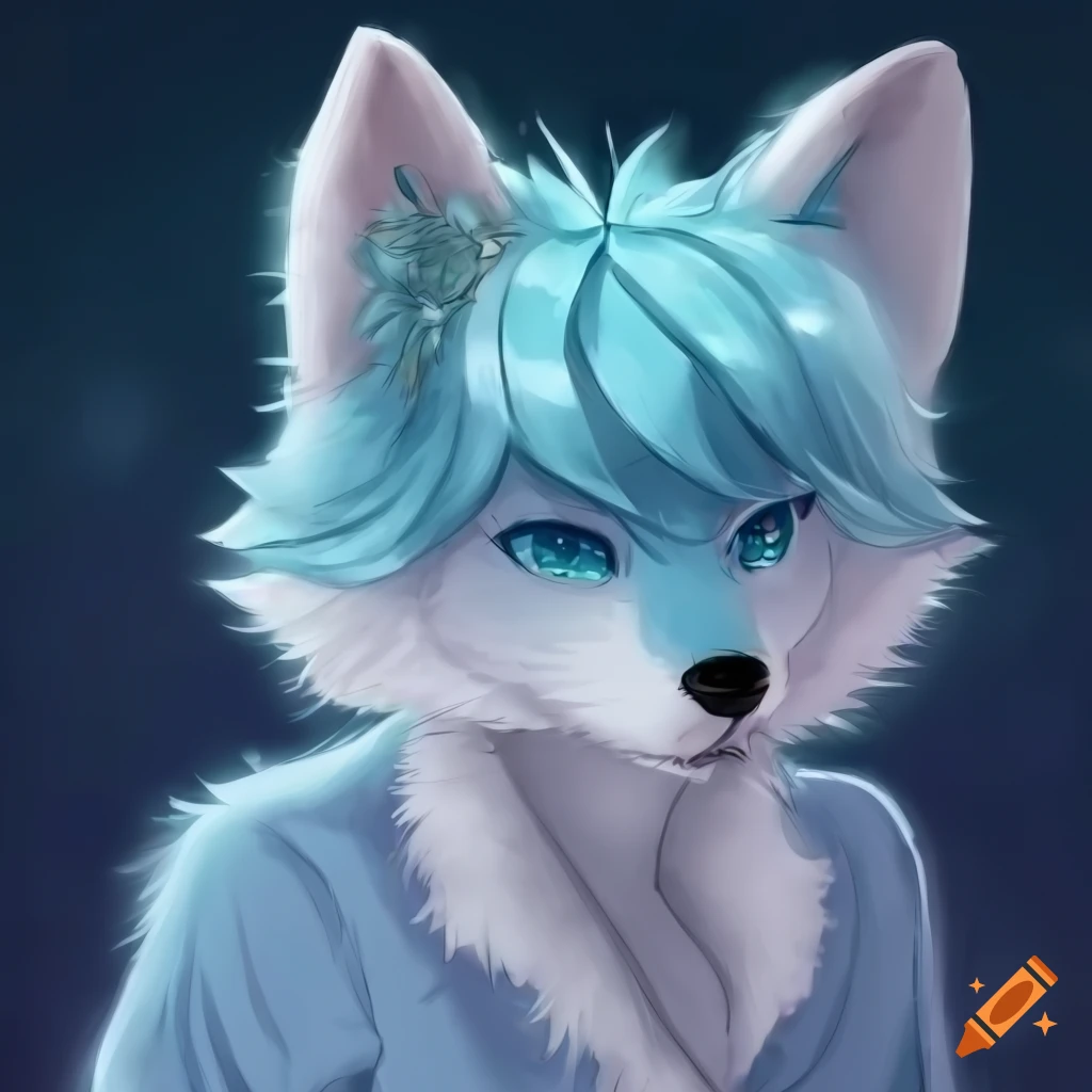 Cute anthropomorphic fox with blue ears and closed eyes on Craiyon