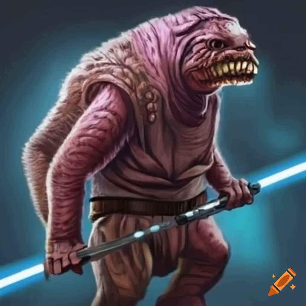Pink-skinned Gamorrean Jedi with a lightsaber on Craiyon