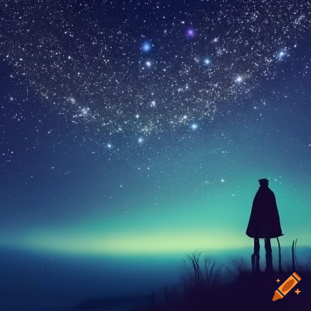 Star-filled night sky with a figure making a wish on Craiyon