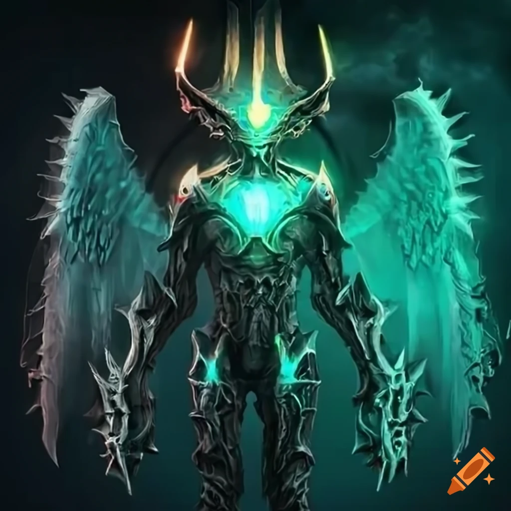 Illustration of a cybernetic alien knight with energy wings and sword ...