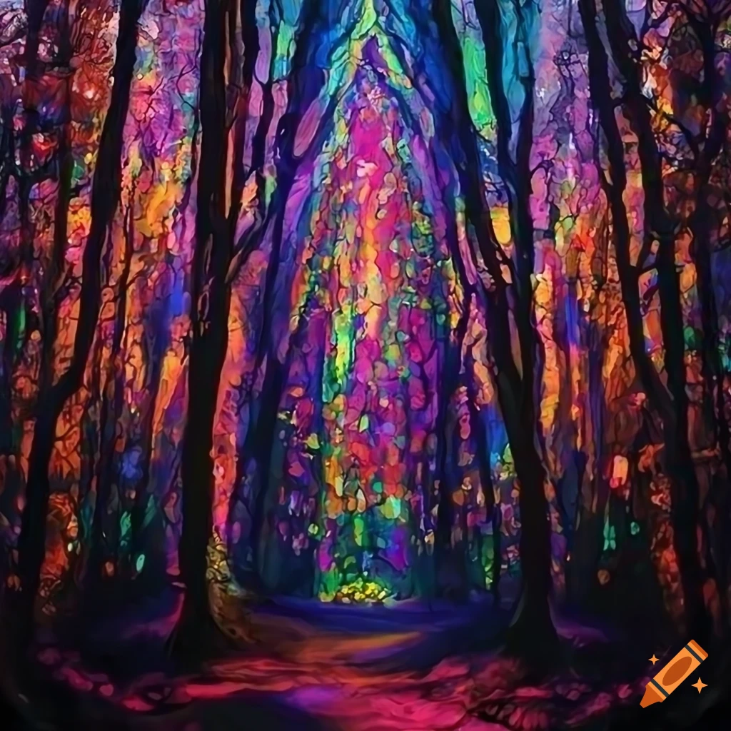 Colorful acrylic painting of glittery trees in a forest on Craiyon