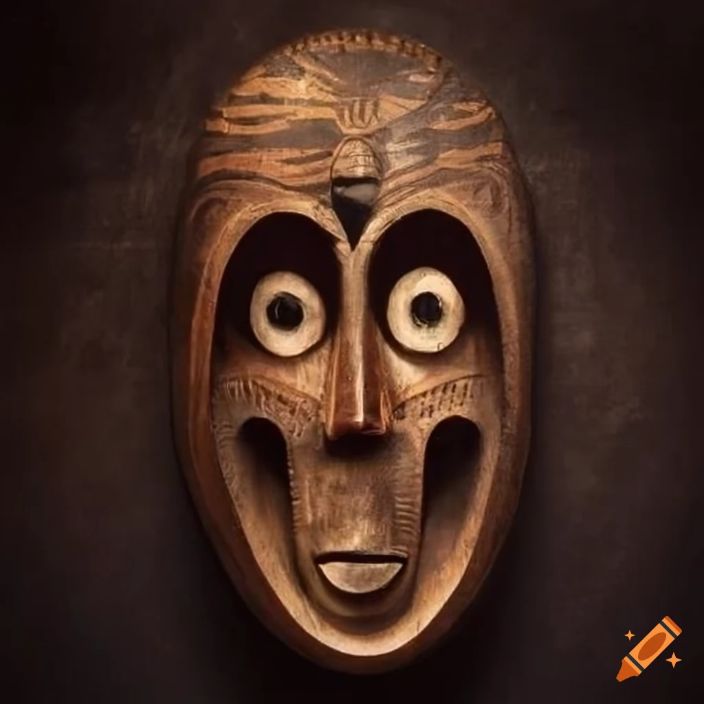 Onibaba playing a Biwa Instrument with a wooden mask and Kanji ...