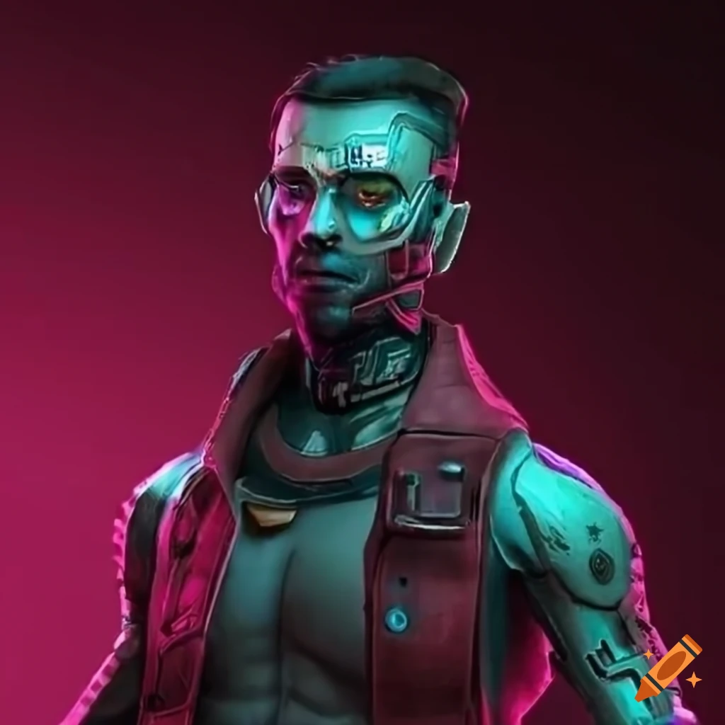Cyberpunk man with robot eyes holding a gun on Craiyon