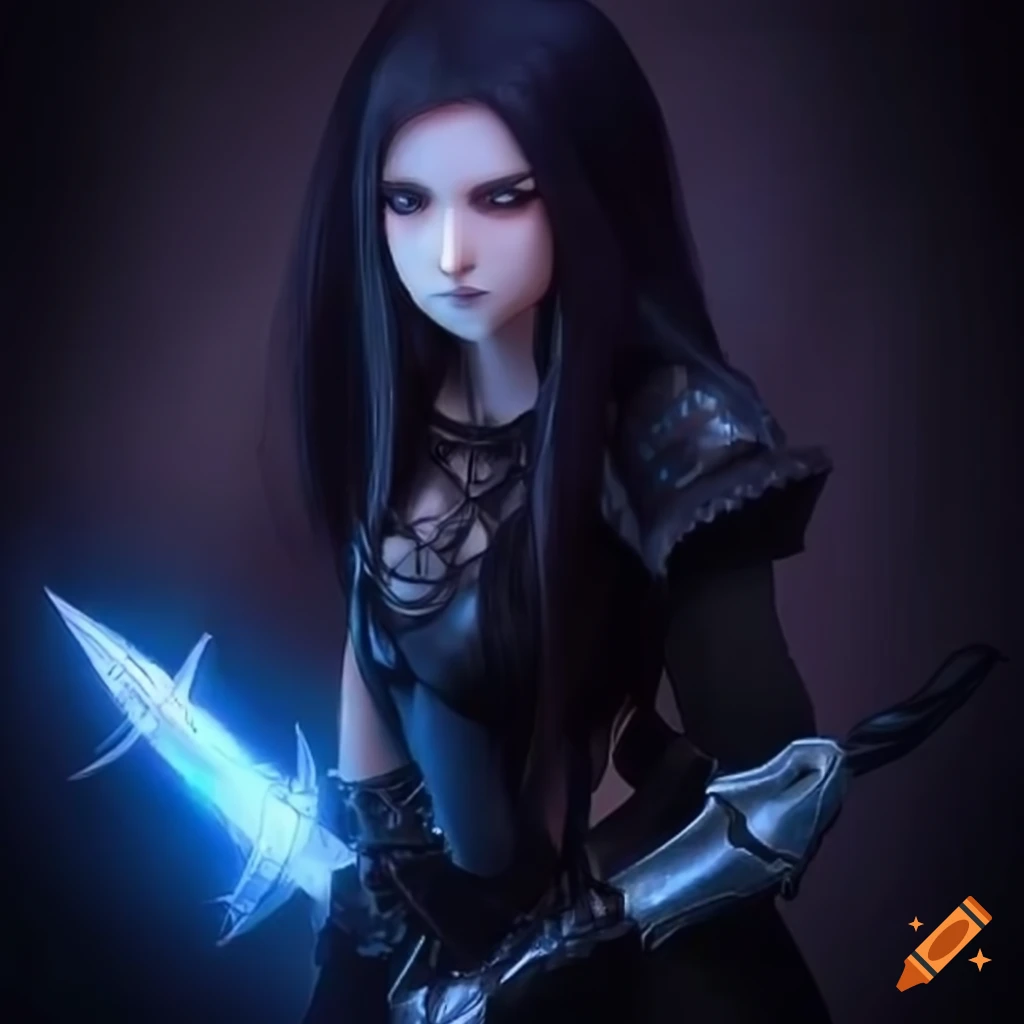 Anime art of a female goth paladin in action pose on Craiyon
