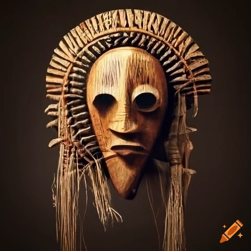 Onibaba playing a biwa instrument with a wooden mask and kanji ...