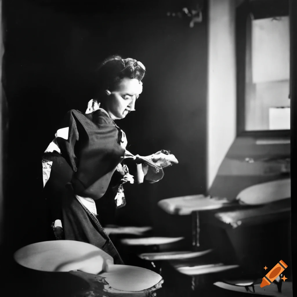 Black and white photo of a creature making music in a studio on Craiyon