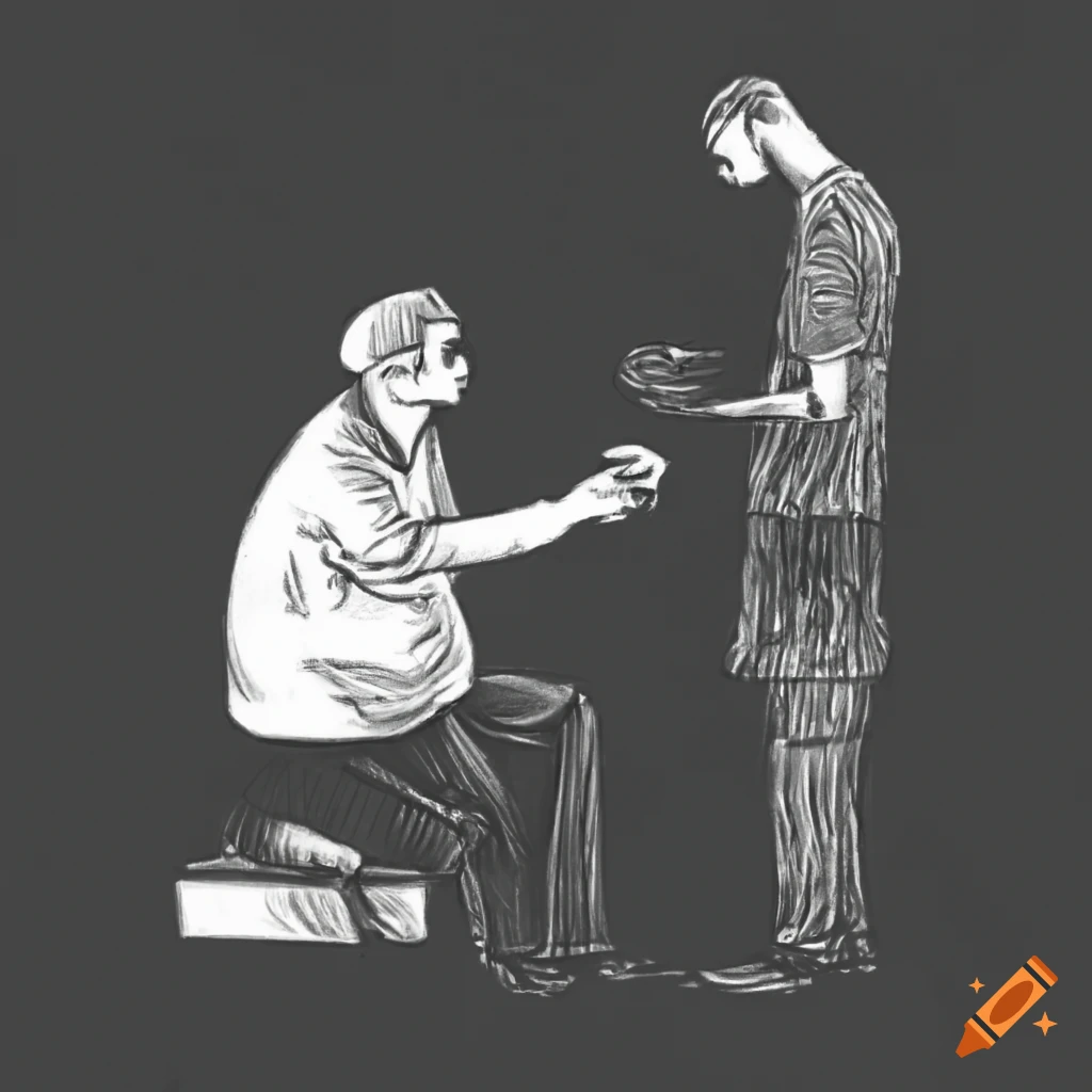 Drawing of a kind-hearted man helping a homeless person on Craiyon