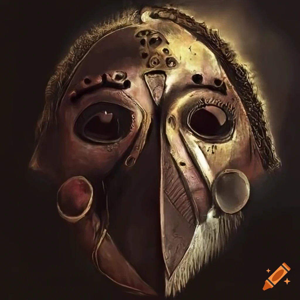 Artwork of Onibaba playing a Biwa with a metal mask on Craiyon