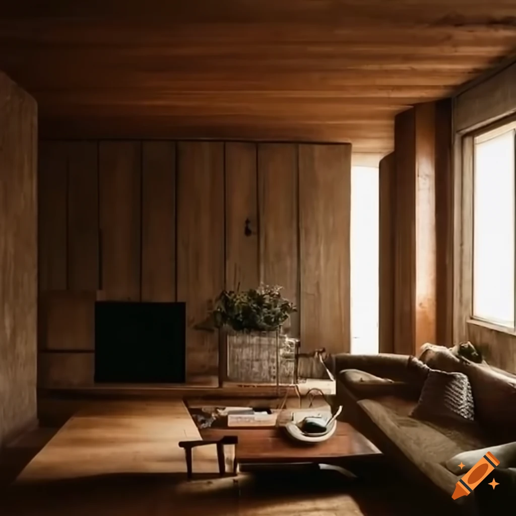 Brutalist living room with concrete plants and walnut decor on Craiyon