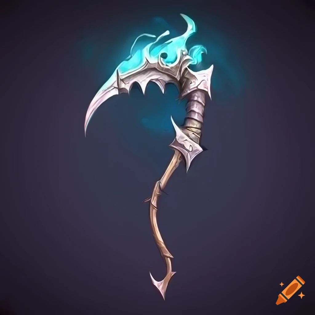 Detailed concept art of a World of Warcraft inspired scythe on Craiyon