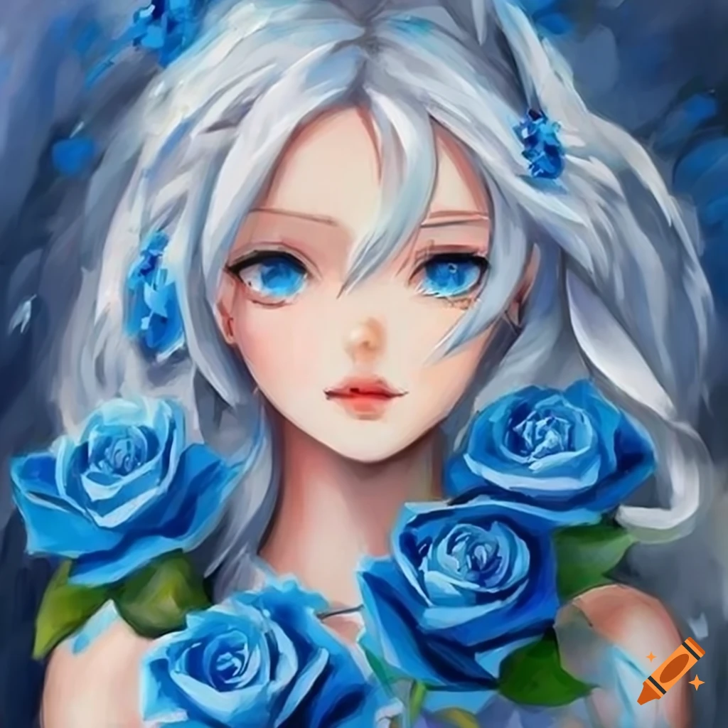 Digital art of a blue-eyed anime girl with white hair and blue roses on ...