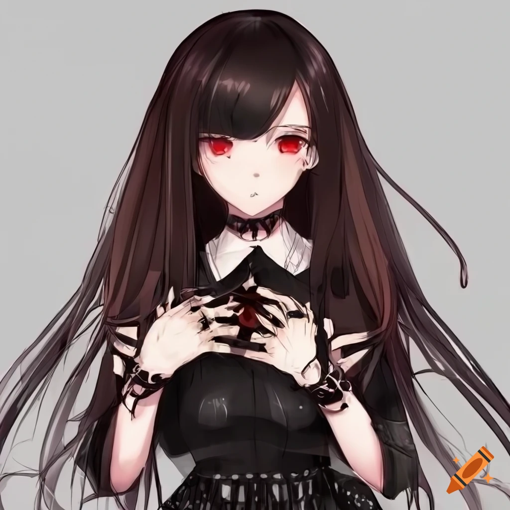 Anime girl with dark hair and gothic clothing on Craiyon