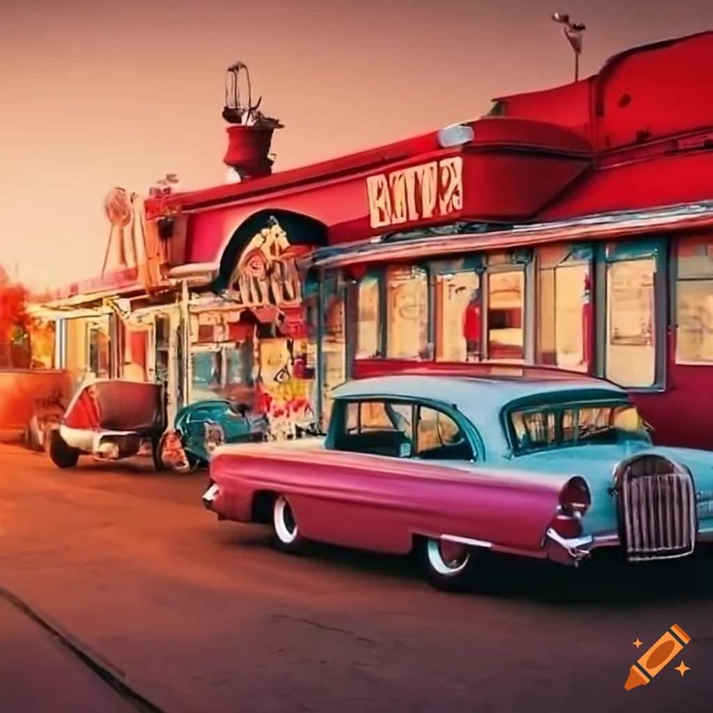 Classic cars parked at a retro route 66 diner on Craiyon