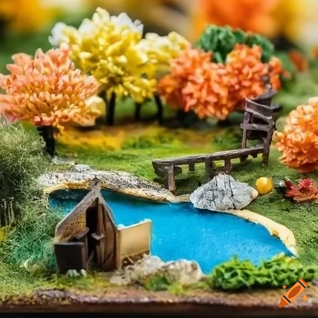 Miniature autumn diorama with a tiny lake on Craiyon