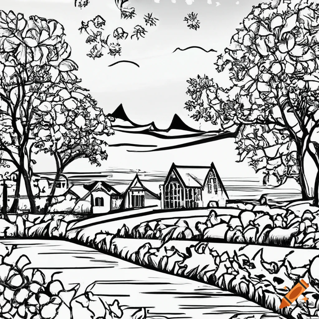 Countryside coloring page on Craiyon