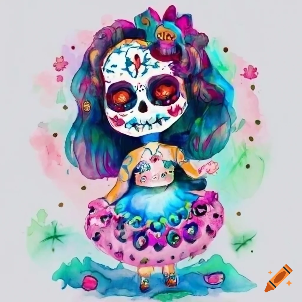 Watercolor of a creepy chibi day of the dead doll on Craiyon