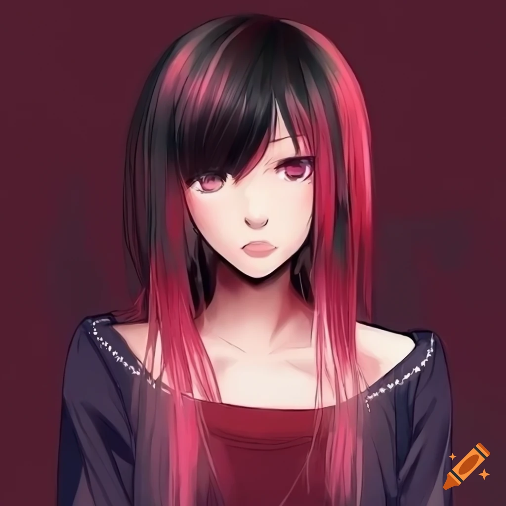 Anime girl with eye-covering bangs hairstyle and red-black ombre hair ...