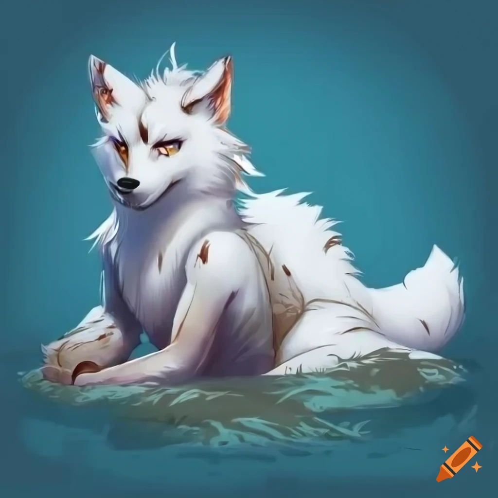 Furry white wolf covered in mud swimming