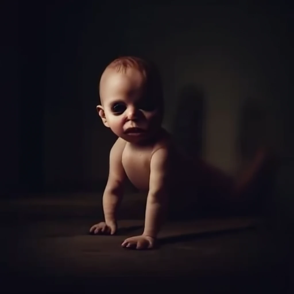 Creepy baby crawling through a small window on Craiyon