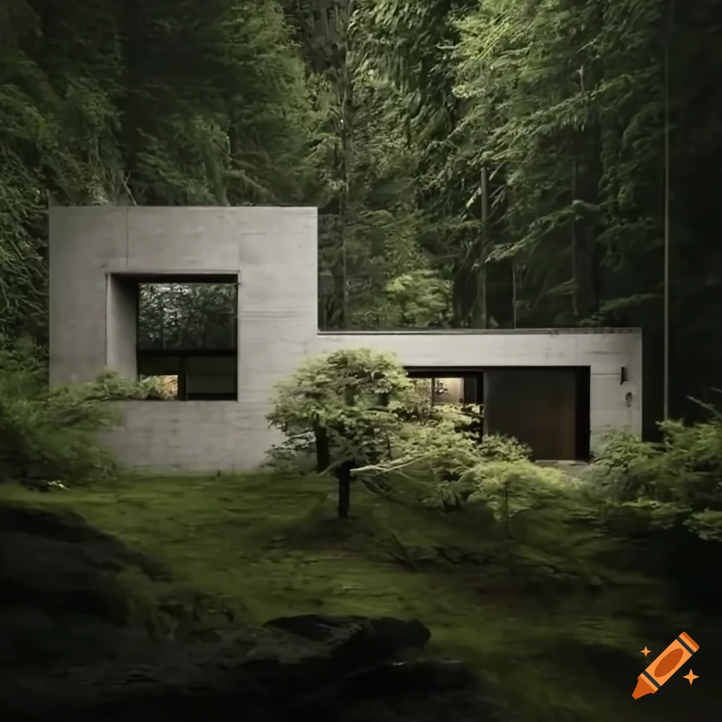 3D printed eco-brutalist concrete house in a forest on Craiyon