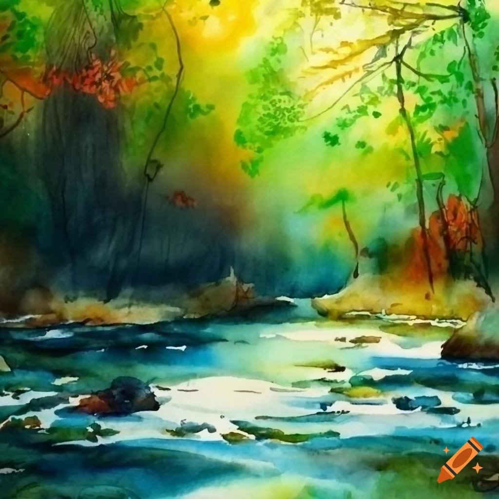 Aquarelle painting of a river in a forest on Craiyon