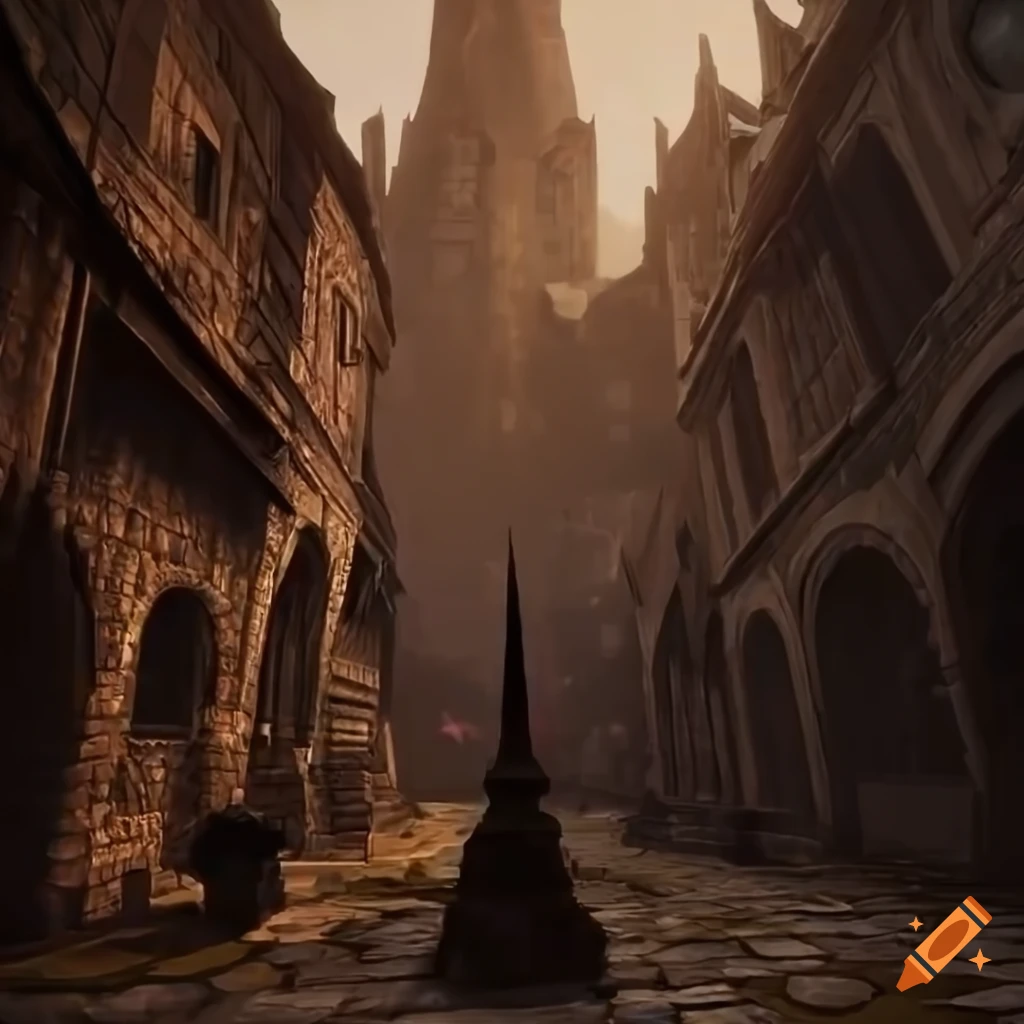 Detailed matte painting of a skeletal spire in a medieval city on Craiyon