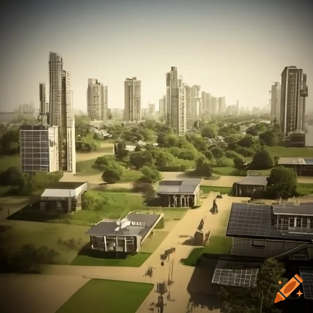 View of a solar-powered city with farmlands and tall buildings on Craiyon