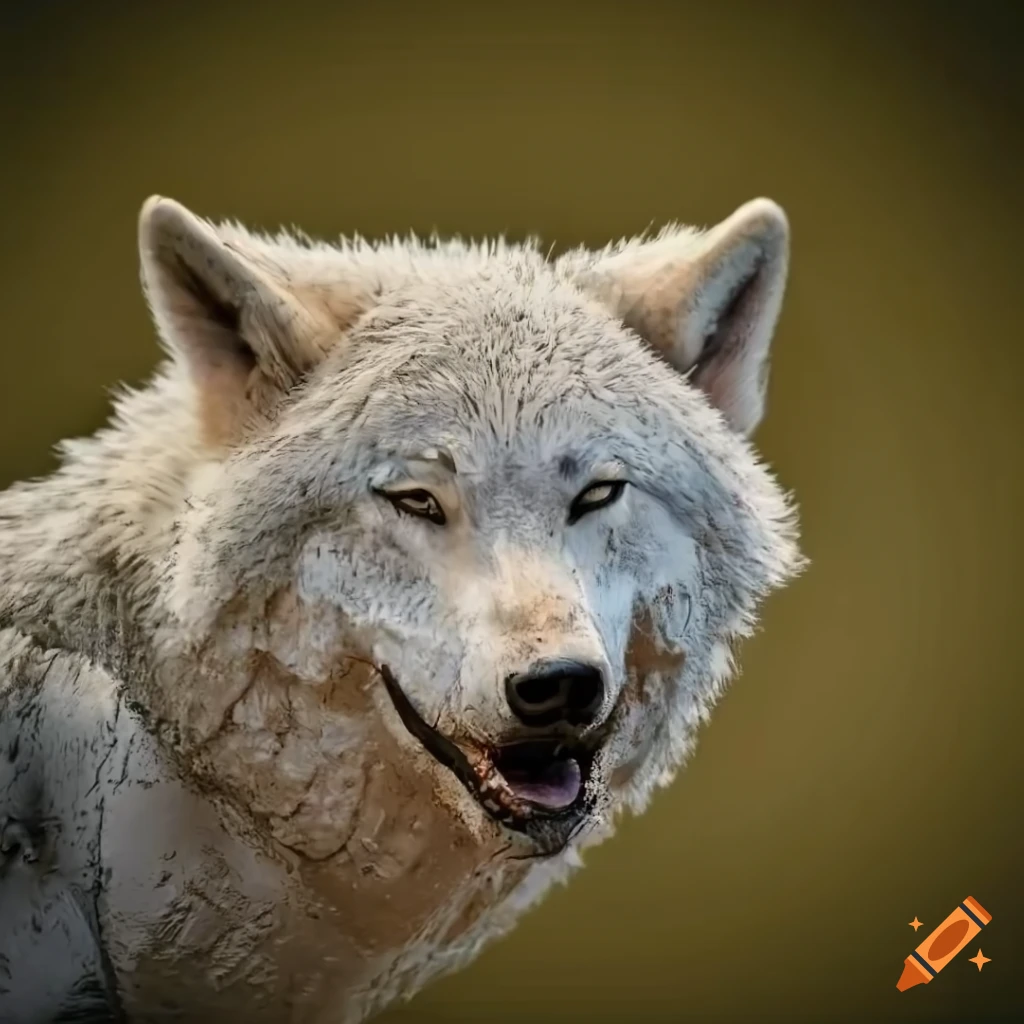 Realistic image of a muddy white wolf