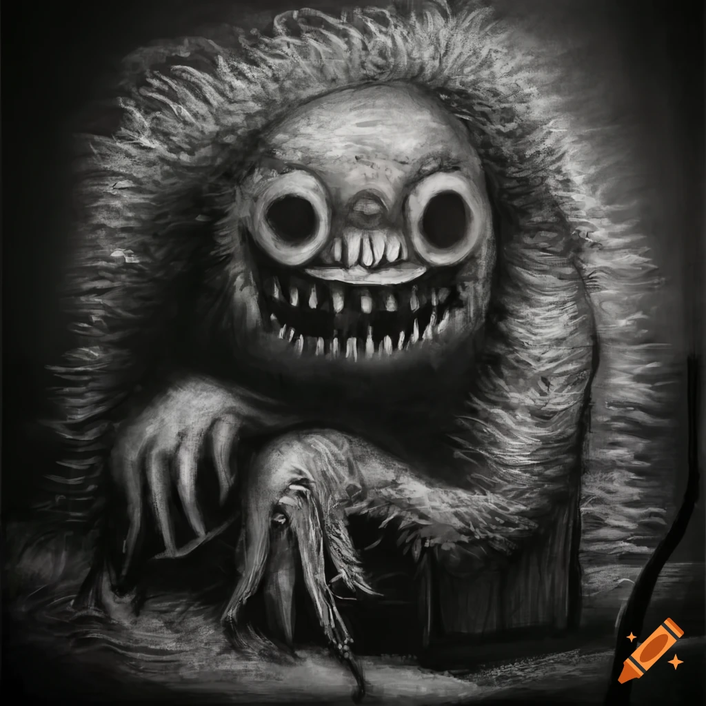 Charcoal art of a monster near a snowy cabin on Craiyon