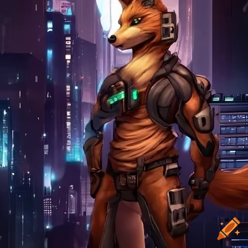 Cyborg-fox in a futuristic city