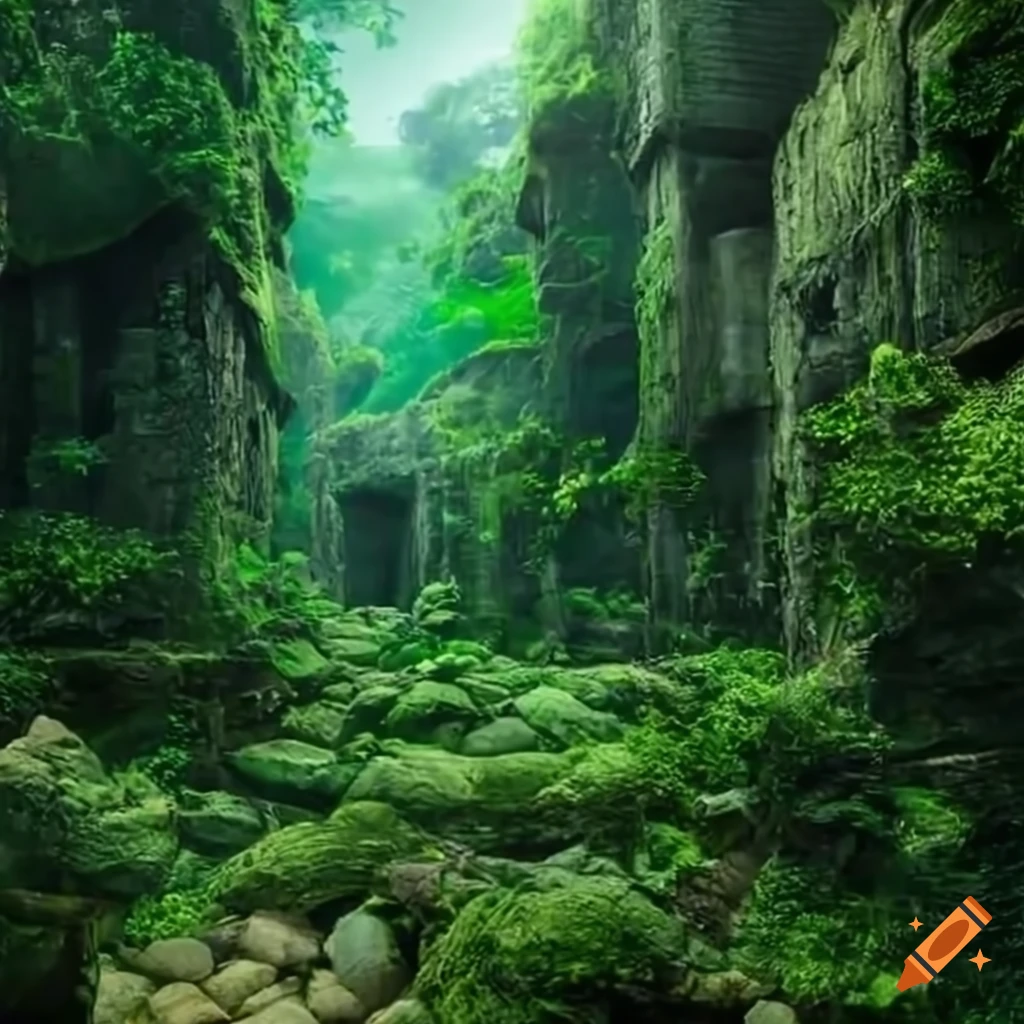 Overgrown jungle surrounding ancient ruins on Craiyon