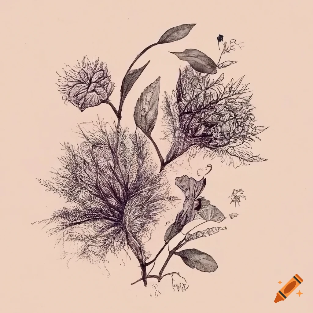 Detailed pen sketches of native plants with labels on Craiyon