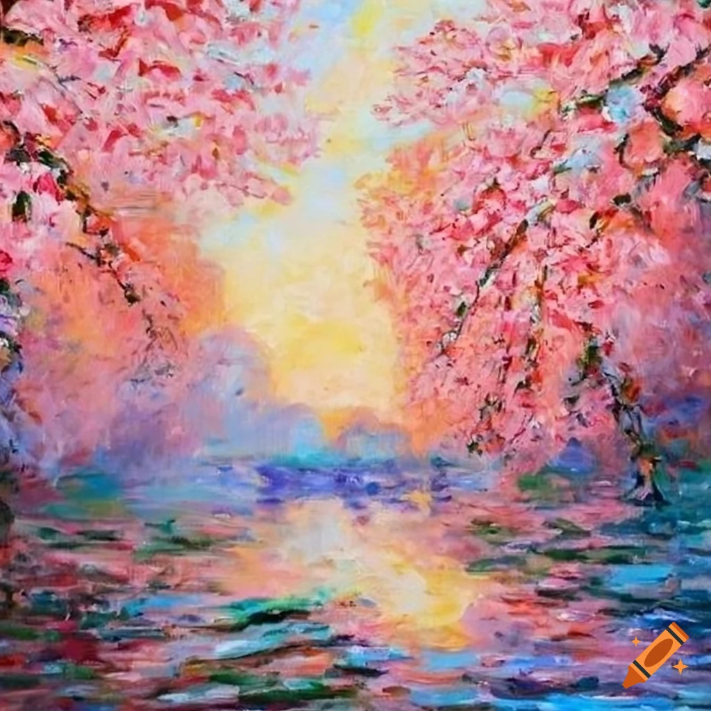 Impressionist oil painting of cherry blossom trees in Japan on Craiyon