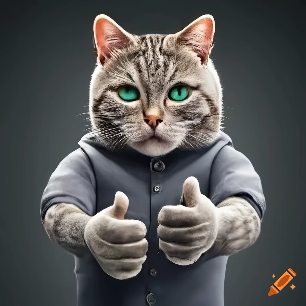 Photograph of a cat giving a thumbs up