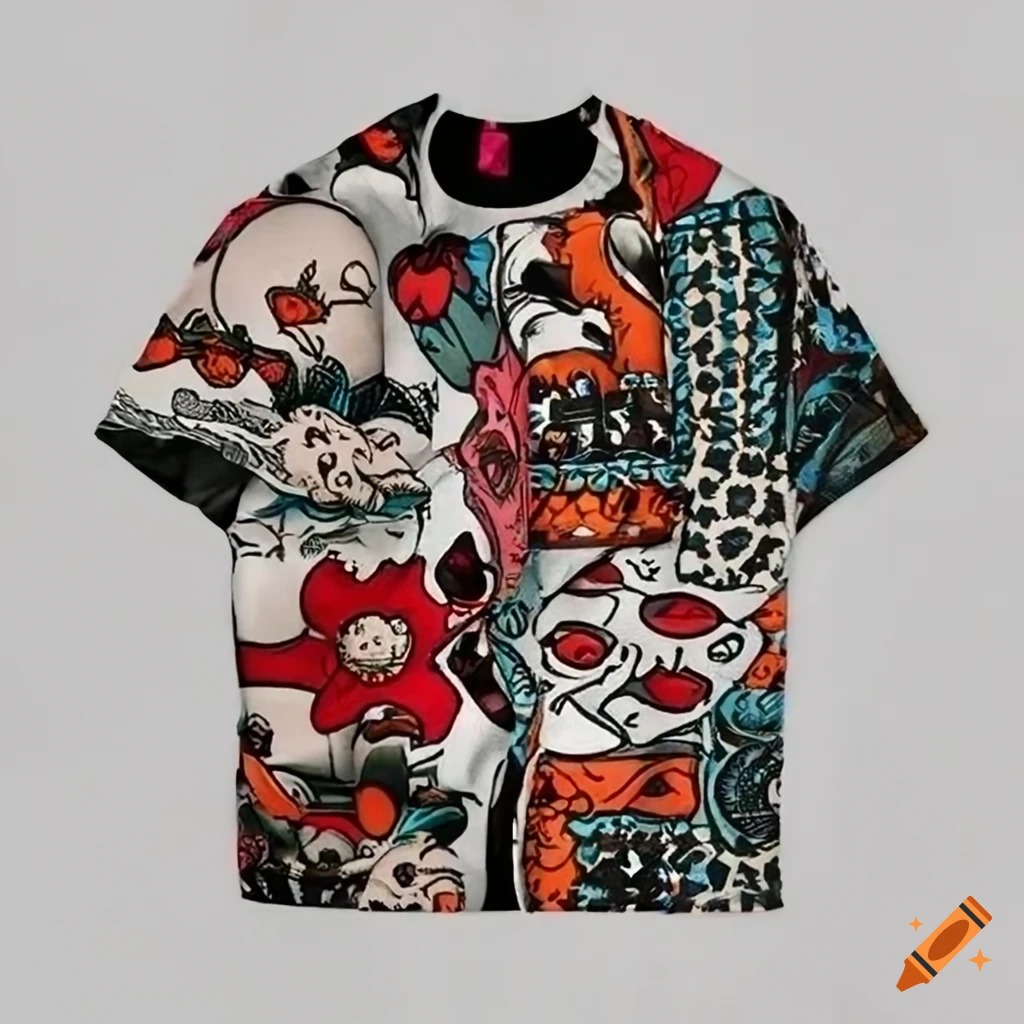 All over print t-shirt with American traditional patchwork tattoo design on Craiyon