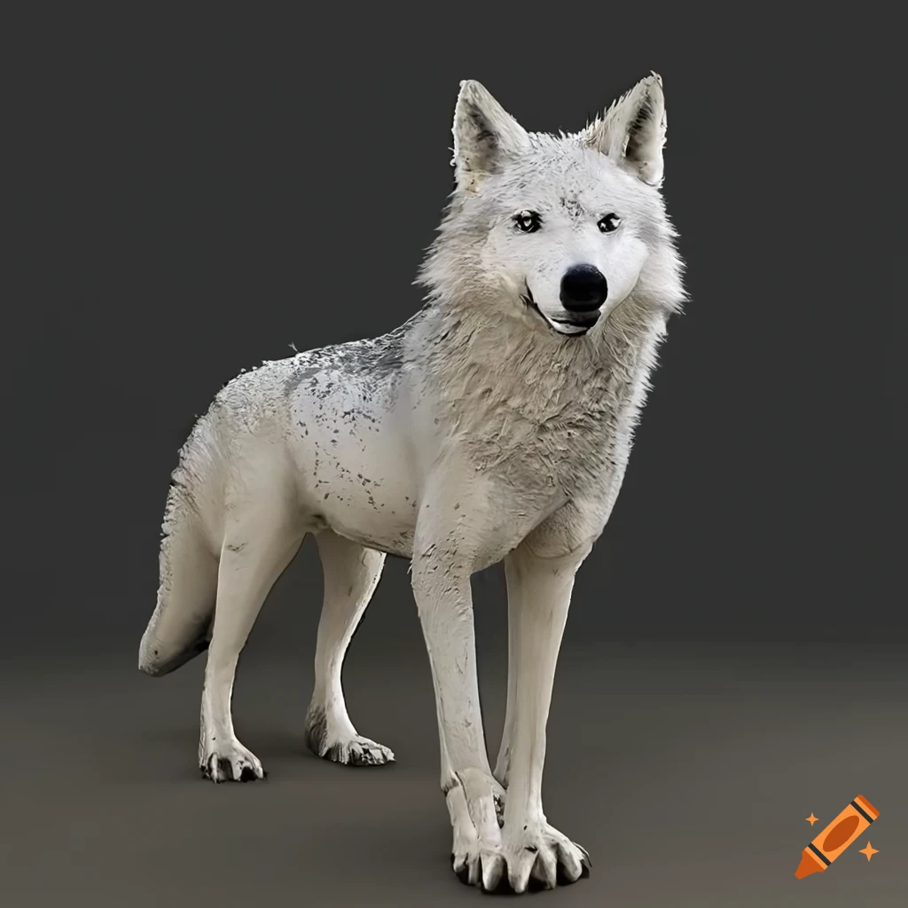 Realistic artwork of a mud-covered white wolf