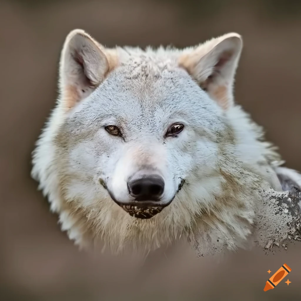 Realistic artwork of a muddy white wolf on Craiyon