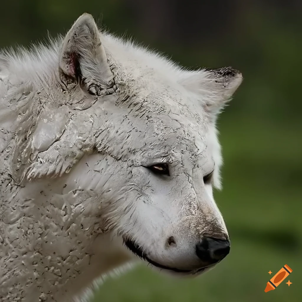 Realistic artwork of a mud-covered white wolf on Craiyon