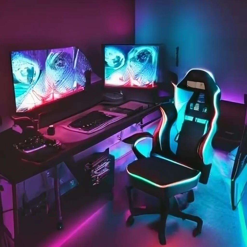 Modern gaming room with multiple screens and high tech equipment on Craiyon