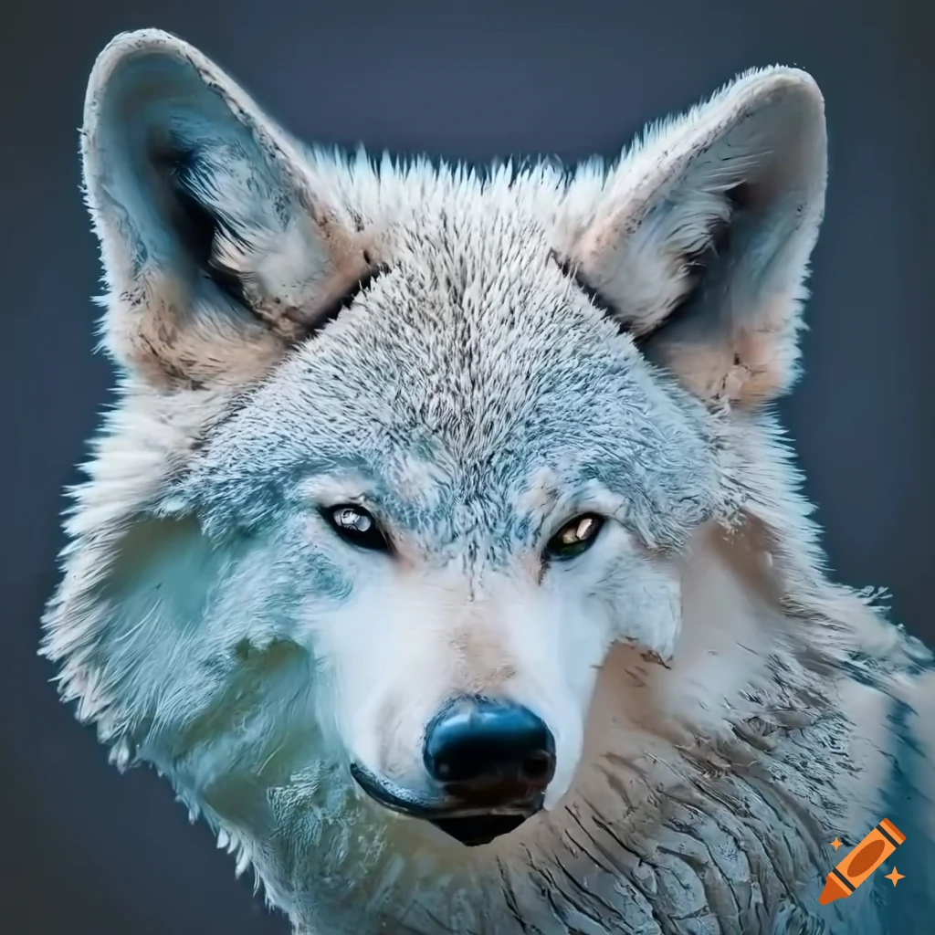 Realistic art of a white wolf covered in mud