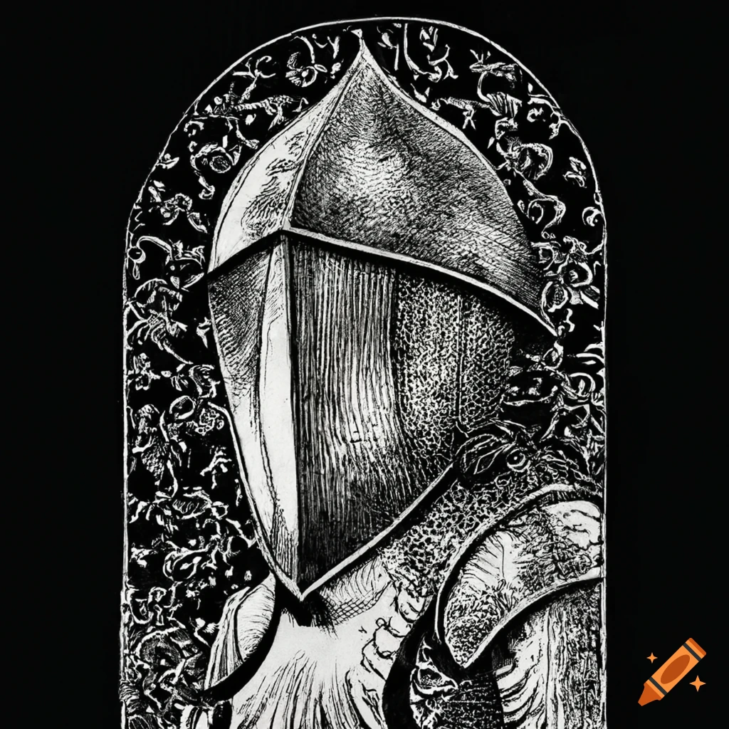 Black and white portrait of a knight in armor on Craiyon