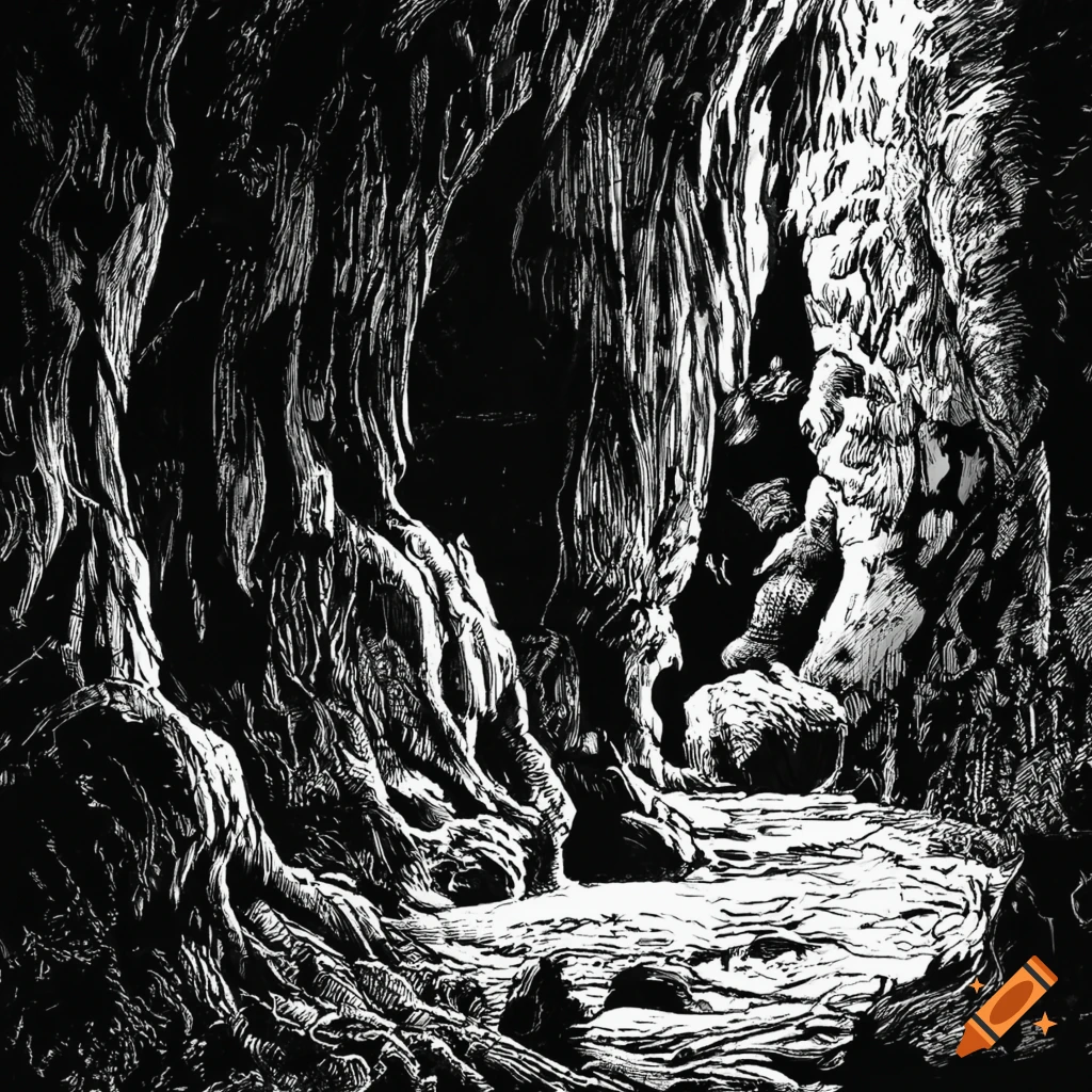 Detailed black and white ink drawing of a cavern on Craiyon