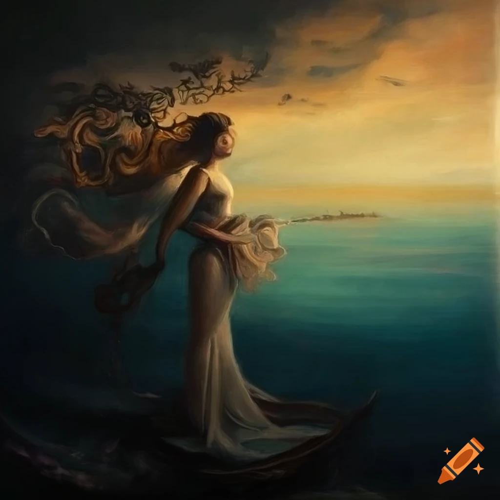 Surrealist painting of a triumphant woman by the sea