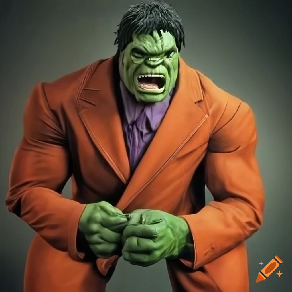 Hyper realistic art of Hulk playing gong in vintage suit on Craiyon
