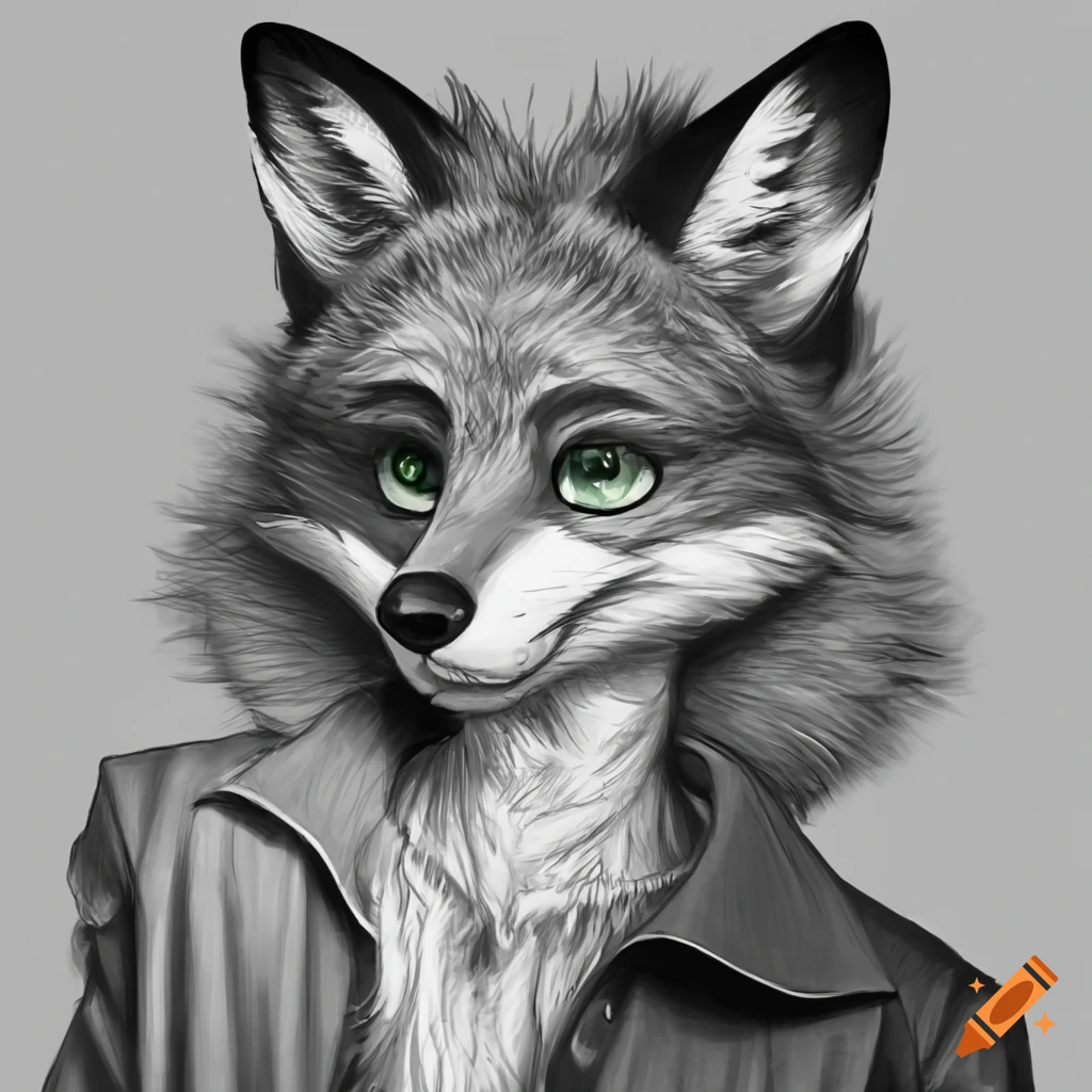 Black and white portrait of an anthro fox in 70's attire on Craiyon