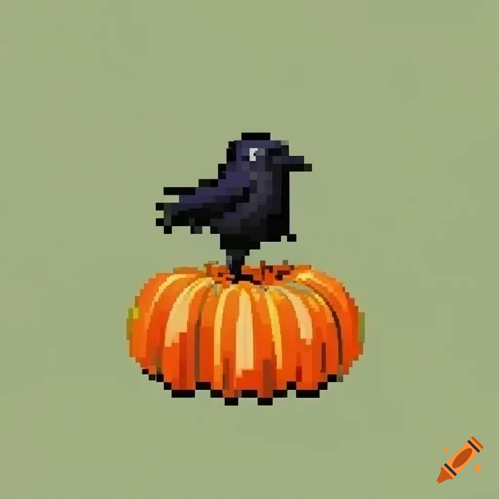 Pixel art of a crow on a pumpkin on Craiyon