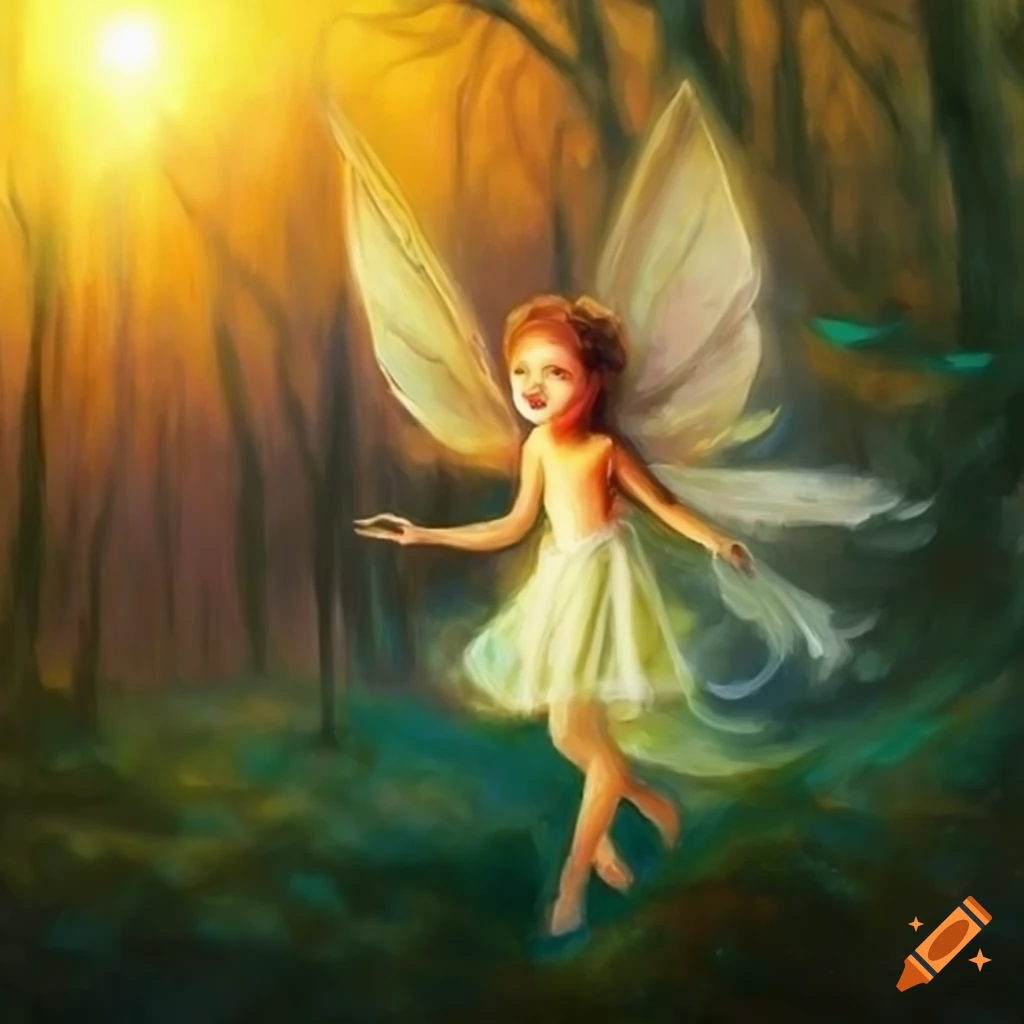 Oil painting of a smiling fairy flying in the forest at sunrise on Craiyon
